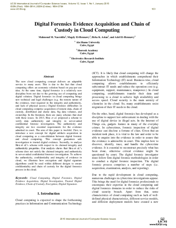 (PDF) Digital Forensics Evidence Acquisition and Chain of Custody in Cloud Computing