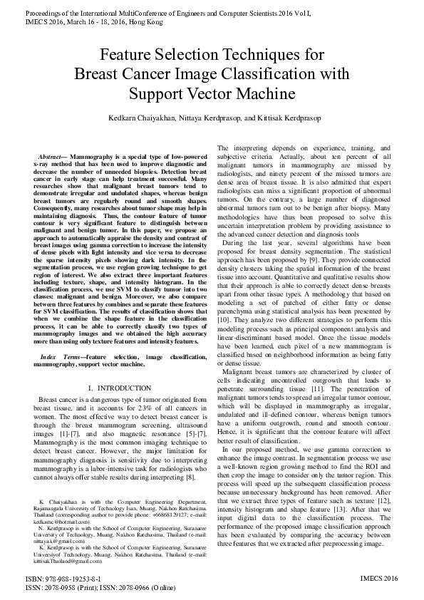 (PDF) Feature Selection Techniques for Breast Cancer Image Classification with Support Vector ...