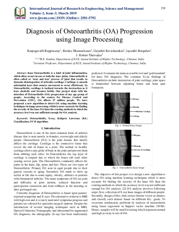 (PDF) Diagnosis of Osteoarthritis ( OA ) Progression using Image Processing