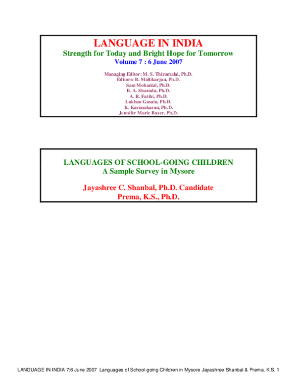 (PDF) LANGUAGES OF SCHOOL-GOING CHILDREN A Sample Survey in Mysore