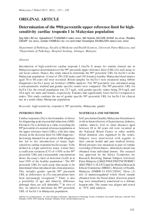 (PDF) Determination of the 99th percentile upper reference limit for ...