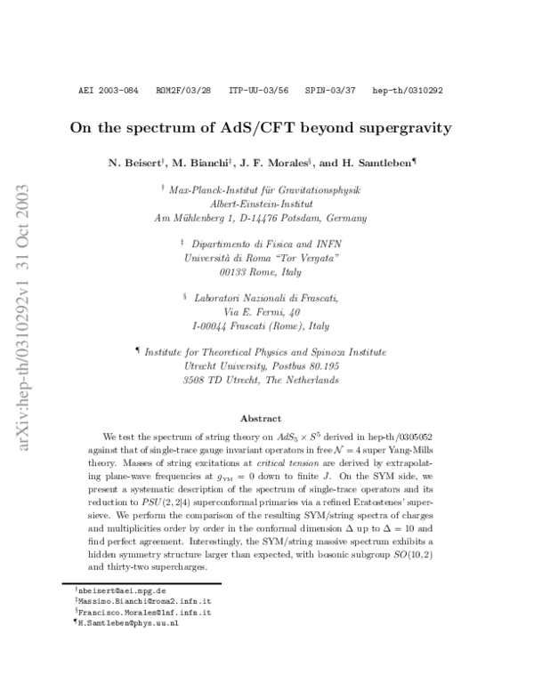 (PDF) On the spectrum of AdS/CFT beyond supergravity
