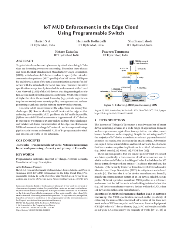 (PDF) IoT MUD enforcement in the edge cloud using programmable switch