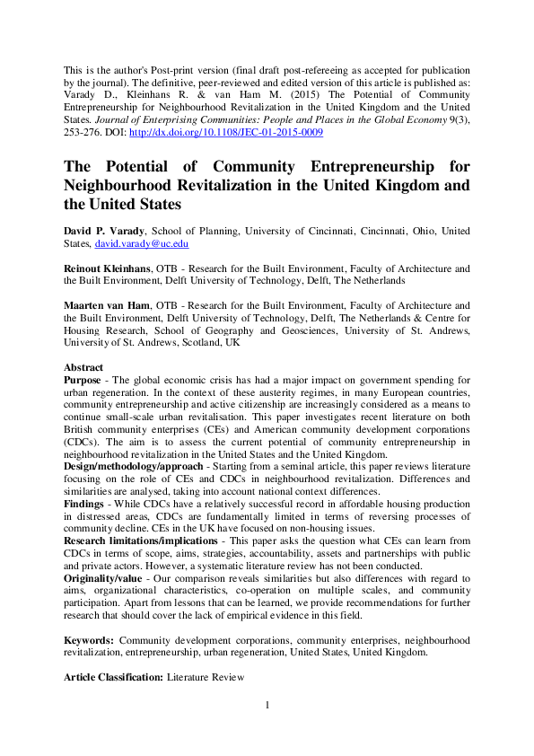 (PDF) The potential of community entrepreneurship for neighbourhood ...