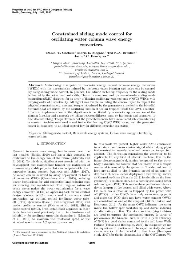 (PDF) Constrained sliding mode control for oscillating water column wave energy converters