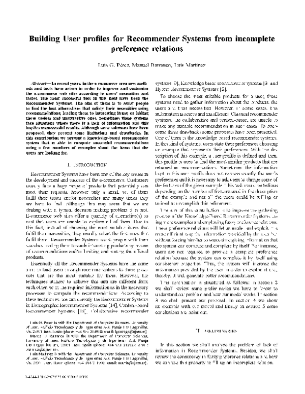 (PDF) Building User profiles for Recommender Systems from incomplete preference relations
