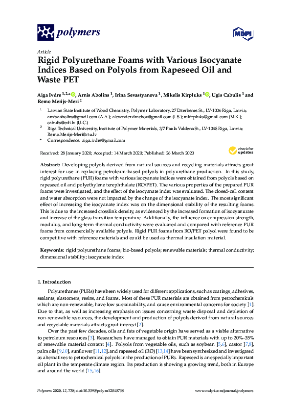 (PDF) Rigid Polyurethane Foams with Various Isocyanate Indices Based on ...