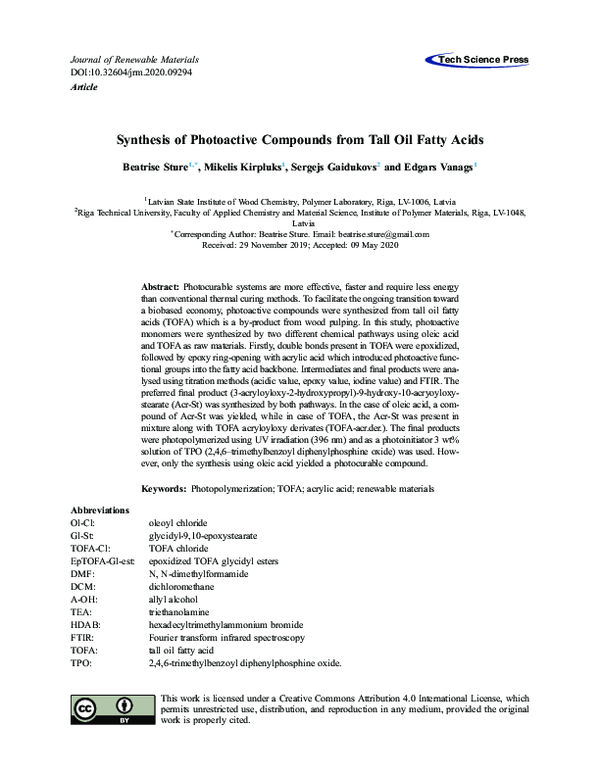 (PDF) Synthesis of Photoactive Compounds from Tall Oil Fatty Acids