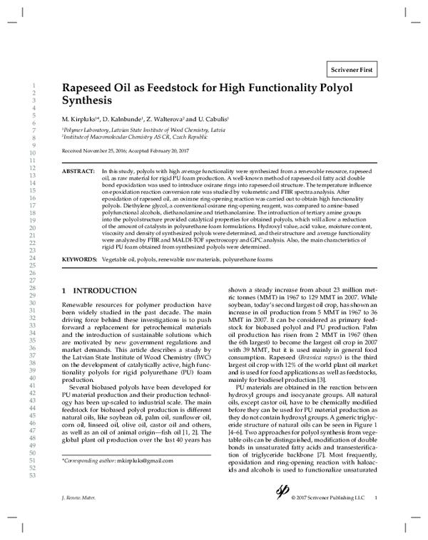 (PDF) Rapeseed Oil as Feedstock for High Functionality Polyol Synthesis