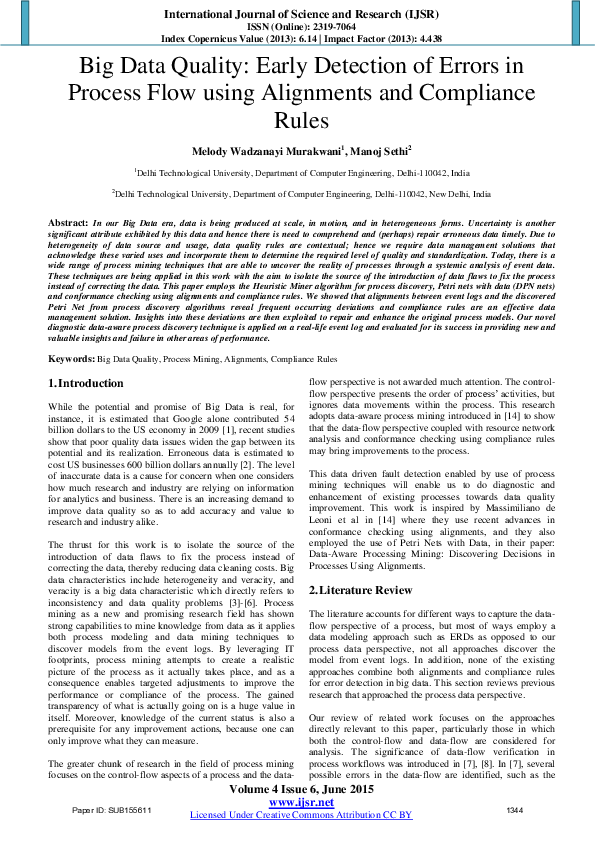 (PDF) Big Data Quality : Early Detection of Errors in Process Flow using Alignments and ...