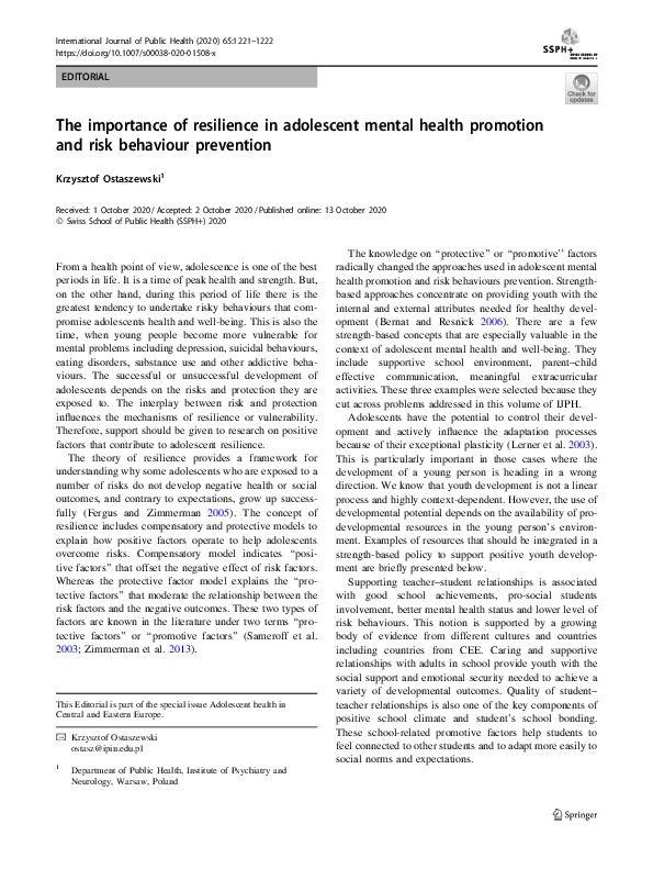 (PDF) The importance of resilience in adolescent mental health ...