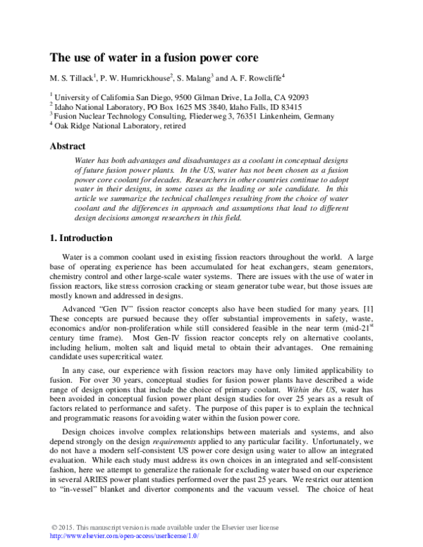 (PDF) The use of water in a fusion power core