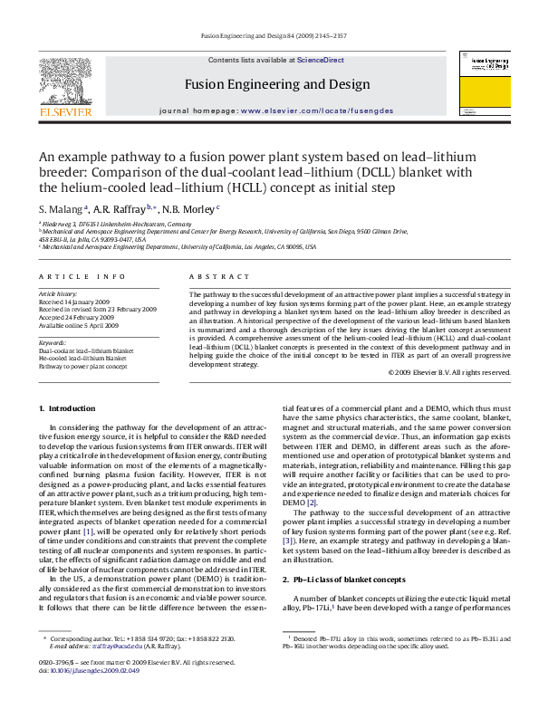 (PDF) An example pathway to a fusion power plant system based on lead ...