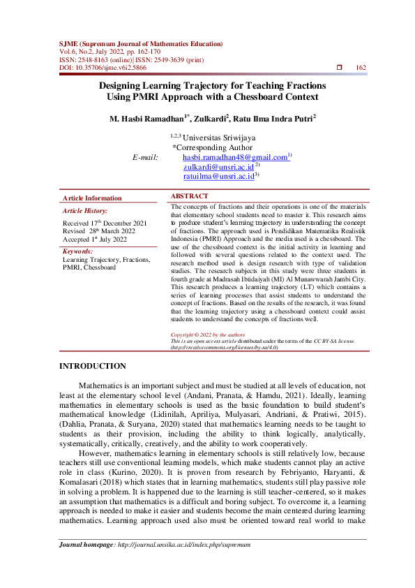 (PDF) Designing Learning Trajectory for Teaching Fractions Using PMRI Approach with a Chessboard ...