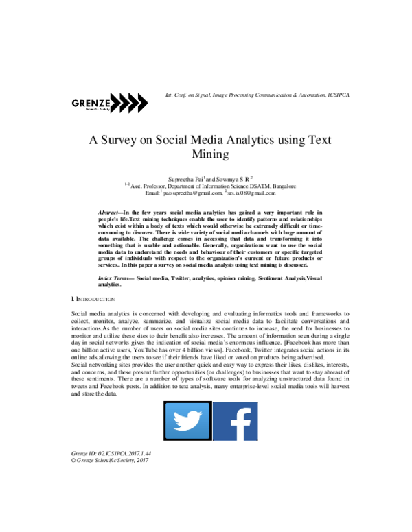 (PDF) A Survey on Social Media Analytics using Text Mining