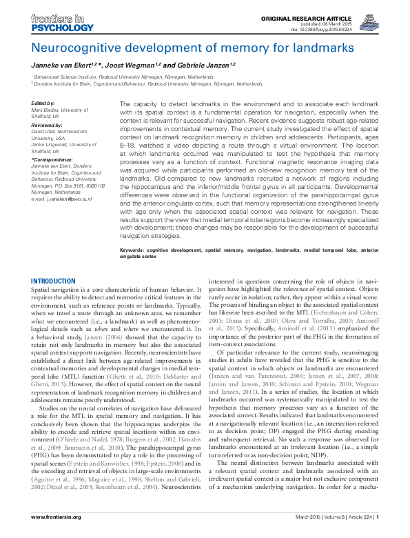 (PDF) Neurocognitive development of memory for landmarks