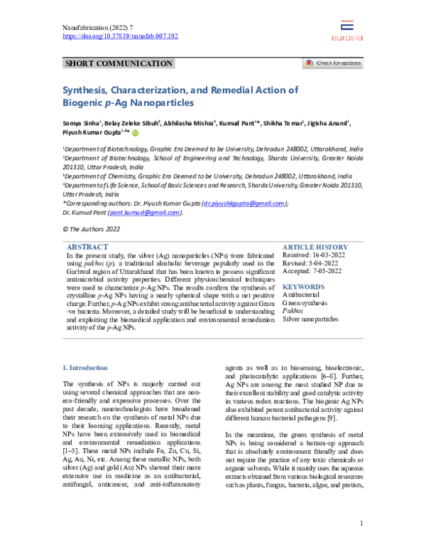 (PDF) Synthesis, Characterization, and Remedial Action of Biogenic p-Ag Nanoparticles