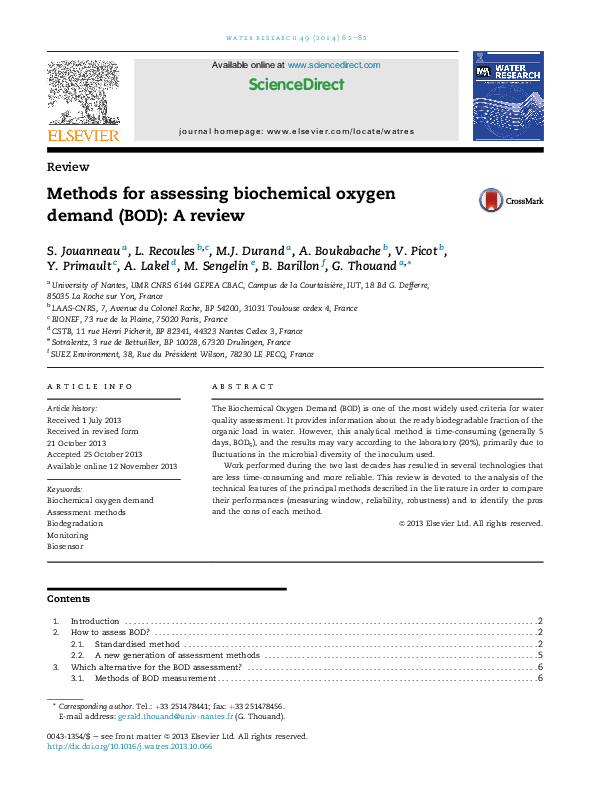 (PDF) Methods for assessing biochemical oxygen demand (BOD): A review