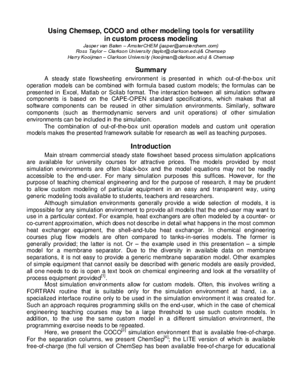 (PDF) Using ChemSep, COCO and other modeling tools for versatility in ...