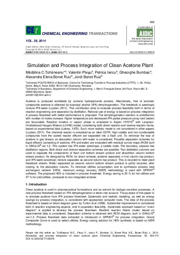 (PDF) Simulation and Process Integration of Clean Acetone Plant