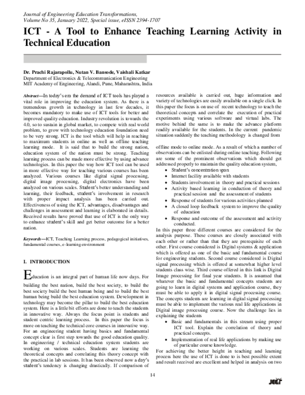 (PDF) 14 ICT - A Tool to Enhance Teaching Learning Activity in ...