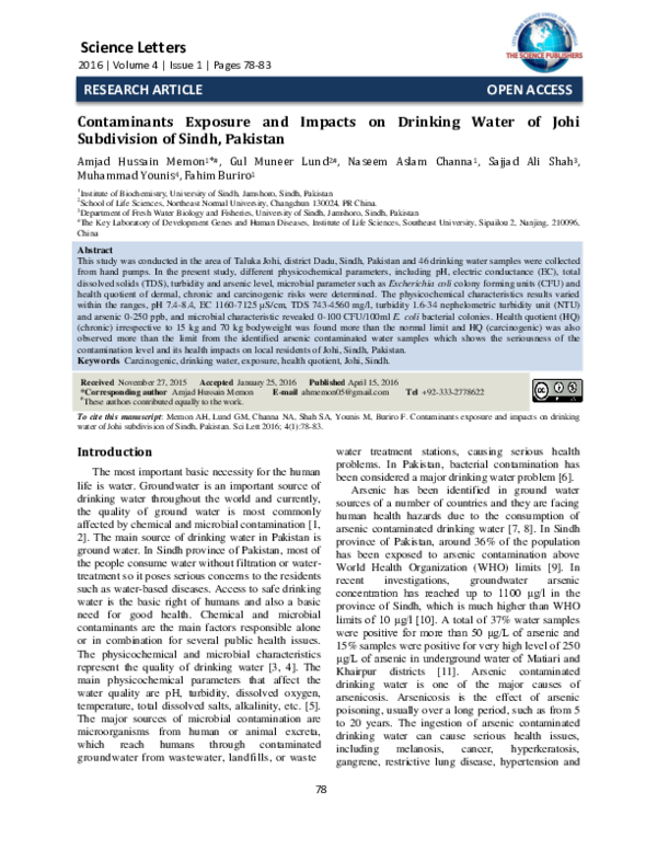 (PDF) Contaminants Exposure and Impacts on Drinking Water of Johi ...