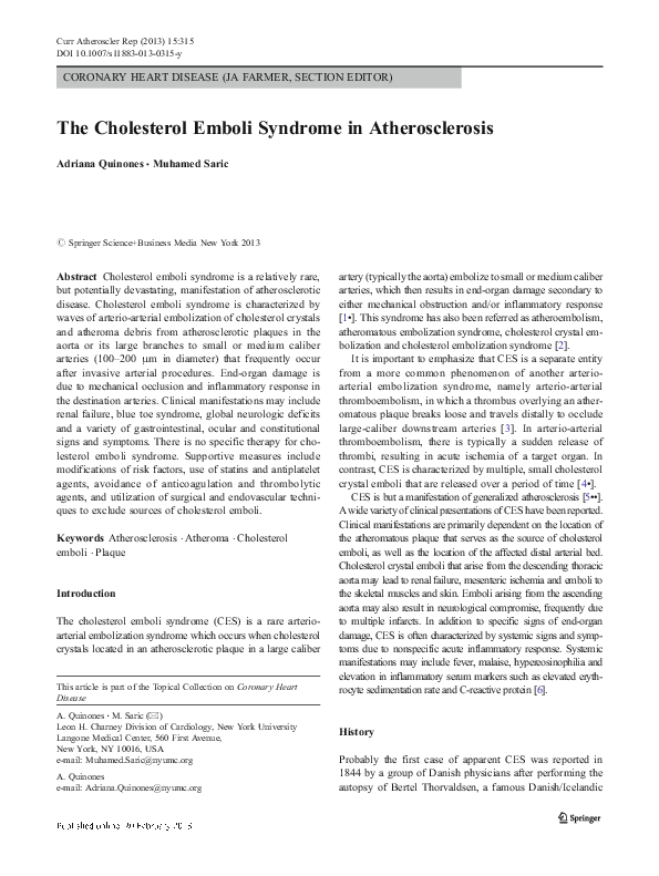 (PDF) The Cholesterol Emboli Syndrome in Atherosclerosis