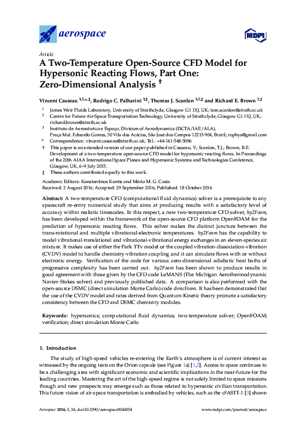 Pdf A Two Temperature Open Source Cfd Model For Hypersonic Reacting