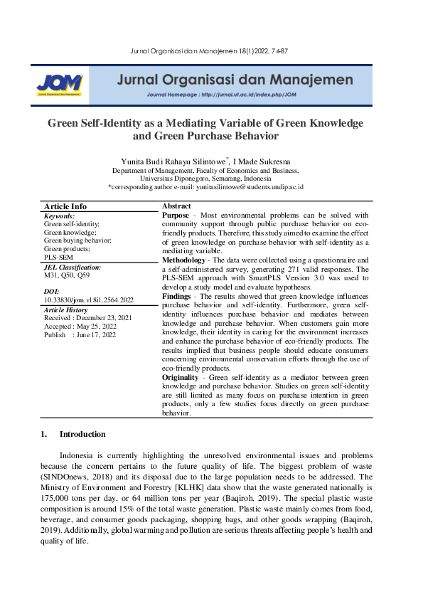 (PDF) Green Self-identity as a Mediating Variable of Green Knowledge ...