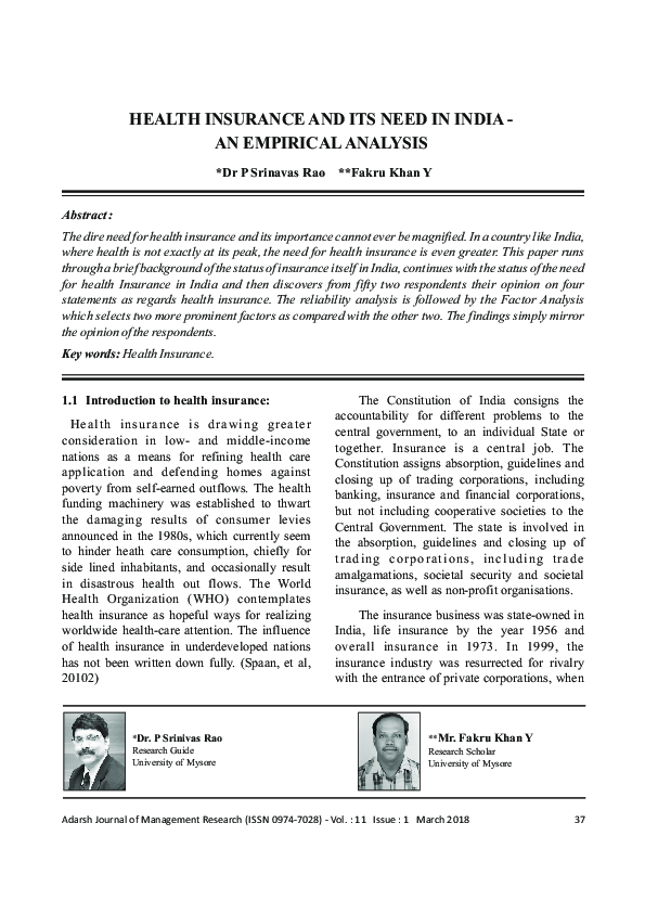(PDF) Health Insurance and its Need in India - An Empirical Analysis