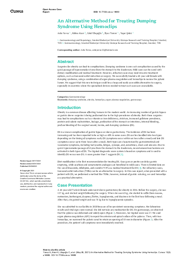 (PDF) An Alternative Method for Treating Dumping Syndrome Using Hemoclips