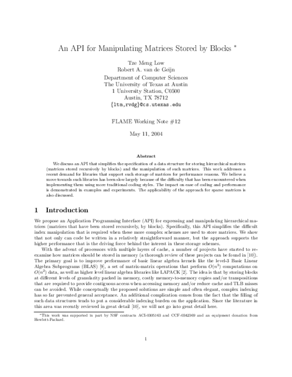 (PDF) An API for manipulating matrices stored by blocks