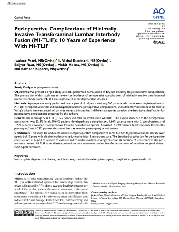 (PDF) Perioperative Complications of Minimally Invasive Transforaminal ...