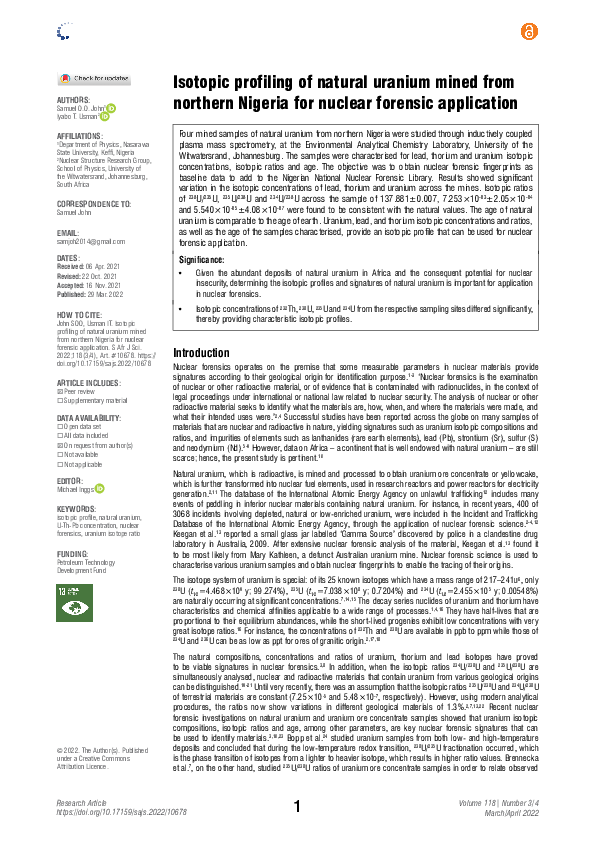 Pdf Isotopic Profiling Of Natural Uranium Mined From Northern Nigeria For Nuclear Forensic