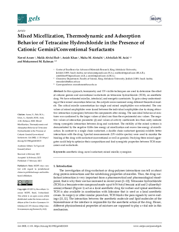 (PDF) Mixed Micellization, Thermodynamic and Adsorption Behavior of ...