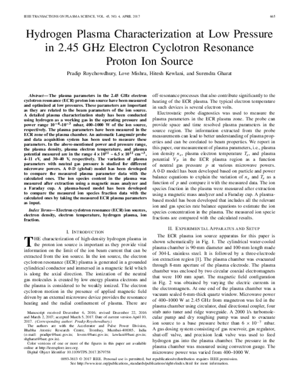 (PDF) Hydrogen Plasma Characterization at Low Pressure in 2.45 GHz Electron Cyclotron Resonance ...