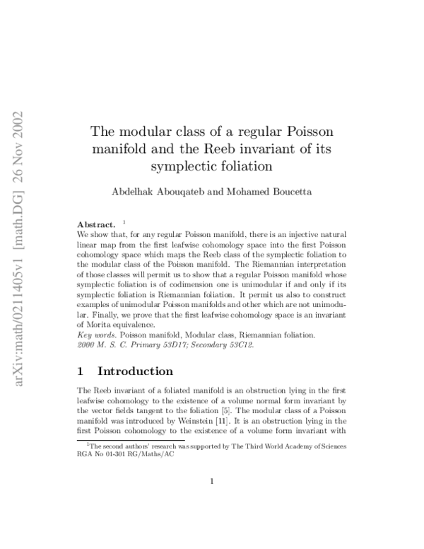 (PDF) The modular class of a regular Poisson manifold and the Reeb ...