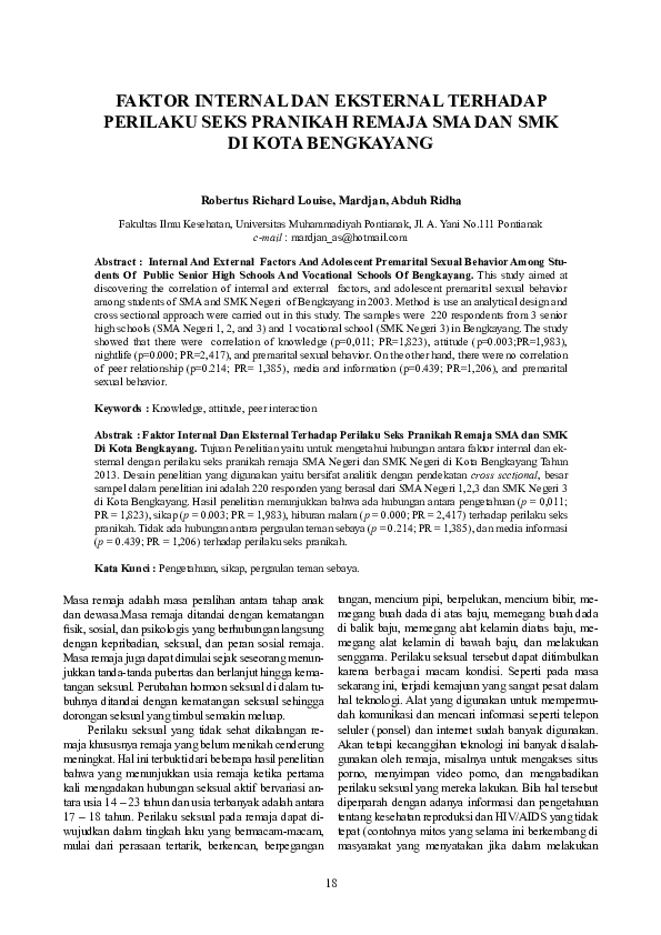 (PDF) Faktor Internal dan Eksternal terhadap Perilaku Seks Pranikah Remaja SMA dan SMK Di Kota ...