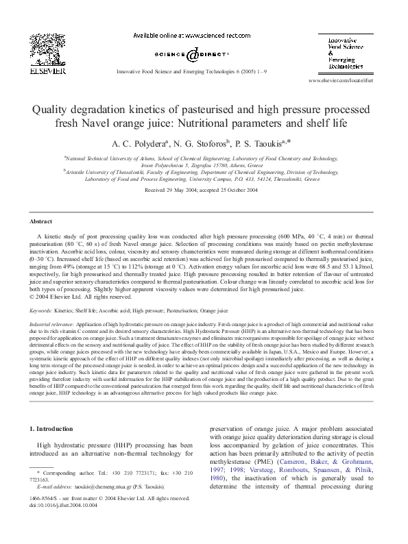 (PDF) Quality degradation kinetics of pasteurised and high pressure ...