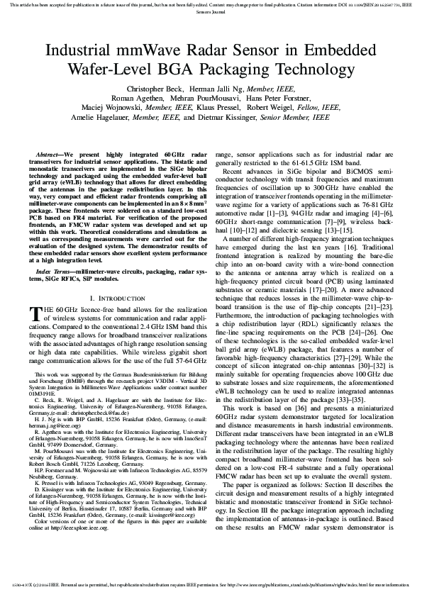 (PDF) Industrial mmWave Radar Sensor in Embedded Wafer-Level BGA Packaging Technology