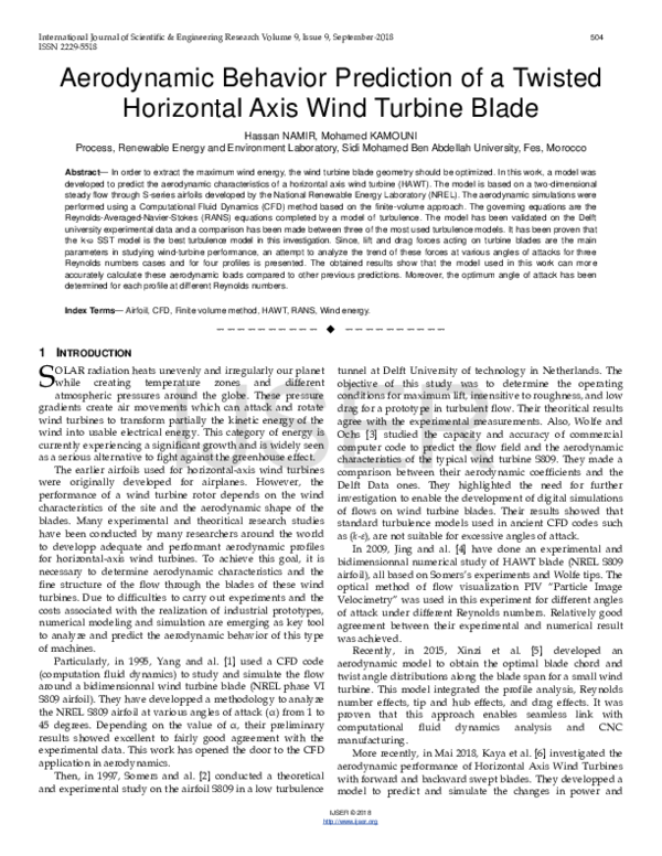 (PDF) Aerodynamic Behavior Prediction of a Twisted Horizontal Axis Wind Turbine Blade
