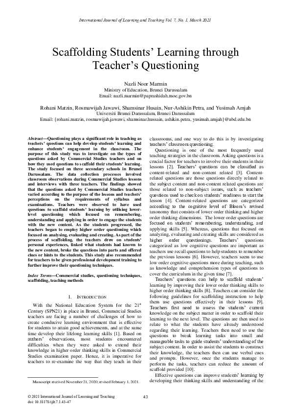 (PDF) Scaffolding Students’ Learning through Teacher’s Questioning