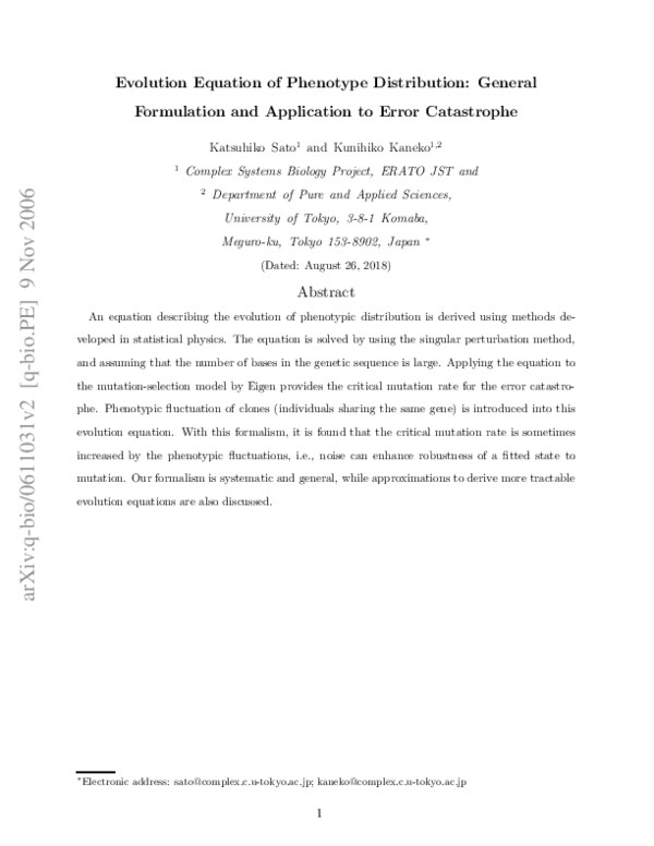 (PDF) Evolution equation of phenotype distribution: General formulation and application to error ...