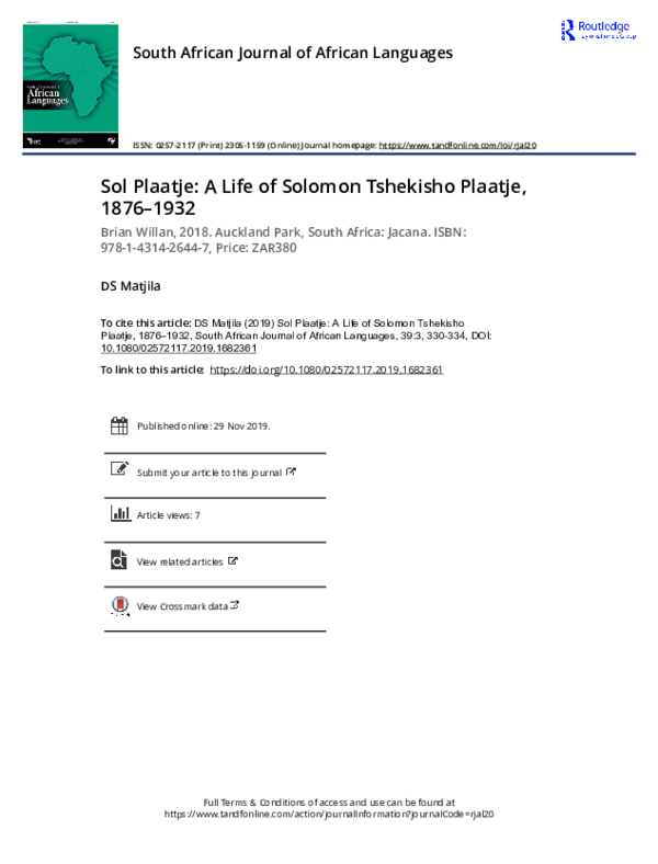 (PDF) Sol Plaatje: A Life of Solomon Tshekisho Plaatje, 1876–1932