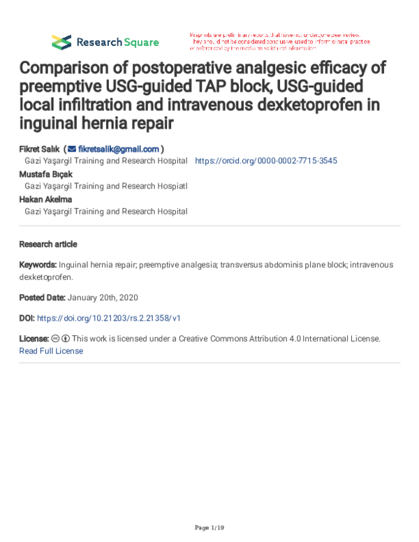 Pdf Comparison Of Postoperative Analgesic Efficacy Of Preemptive Usg