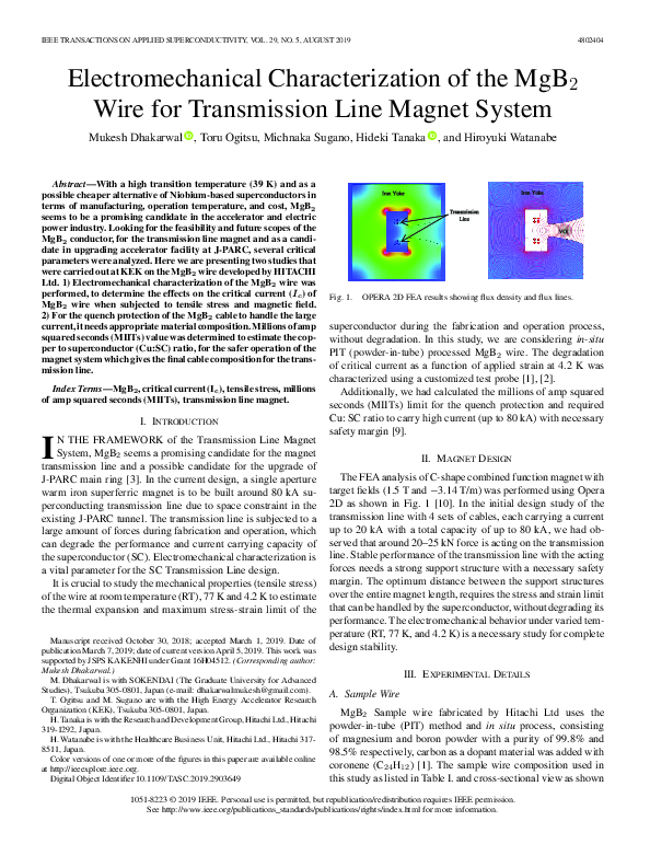 (PDF) Electromechanical Characterization of the MgB2 Wire for Transmission Line Magnet System
