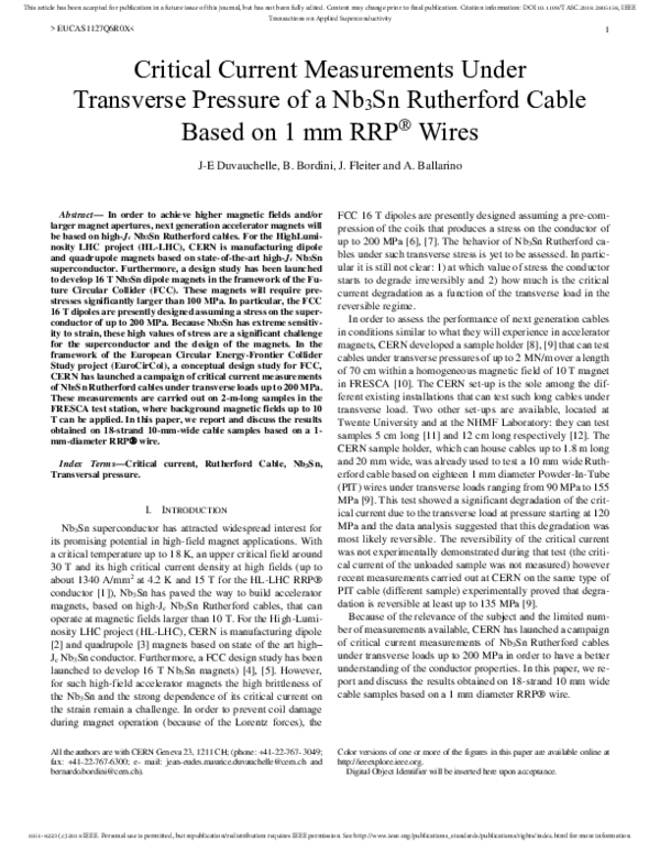 (PDF) Critical Current Measurements Under Transverse Pressure of a ...