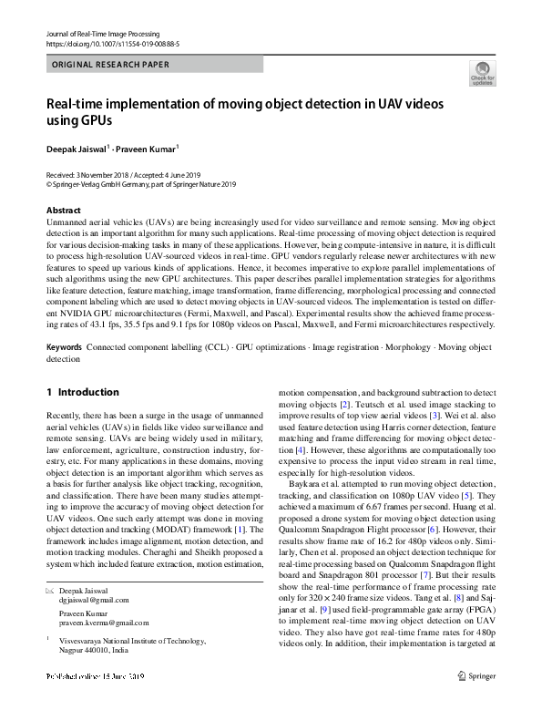Pdf Real Time Implementation Of Moving Object Detection In Uav Videos Using Gpus