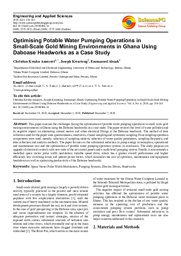 (PDF) Optimising Potable Water Pumping Operations in Small-Scale Gold Mining Environments in ...