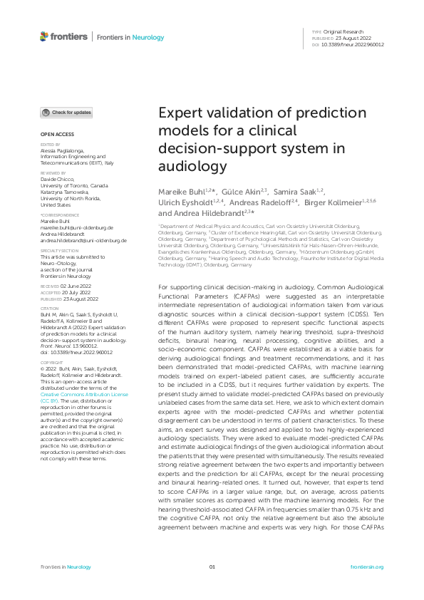 (PDF) Expert validation of prediction models for a clinical decision-support system in audiology